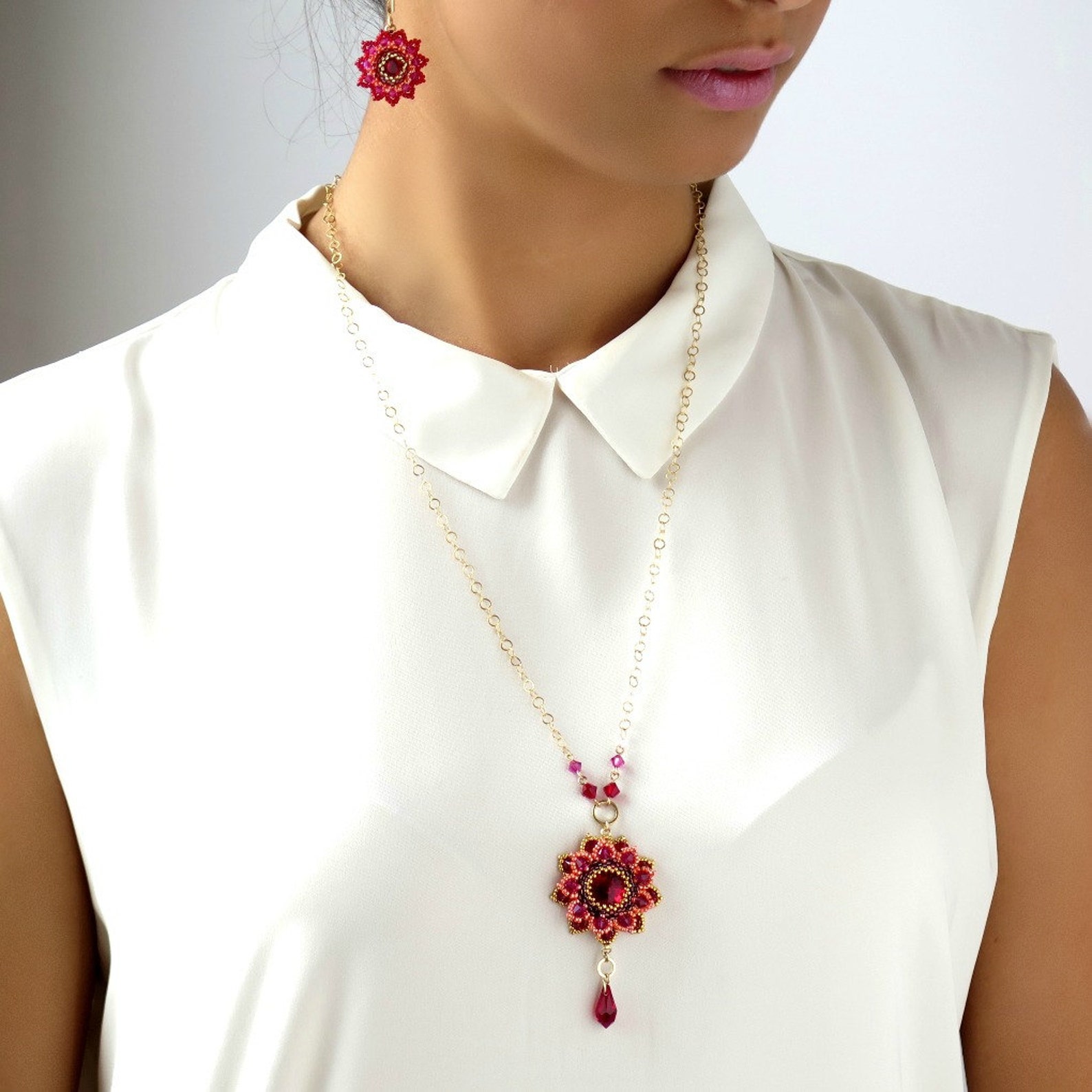 Long Red Flower Necklace Pendant Necklace Gold Swarovski - Etsy