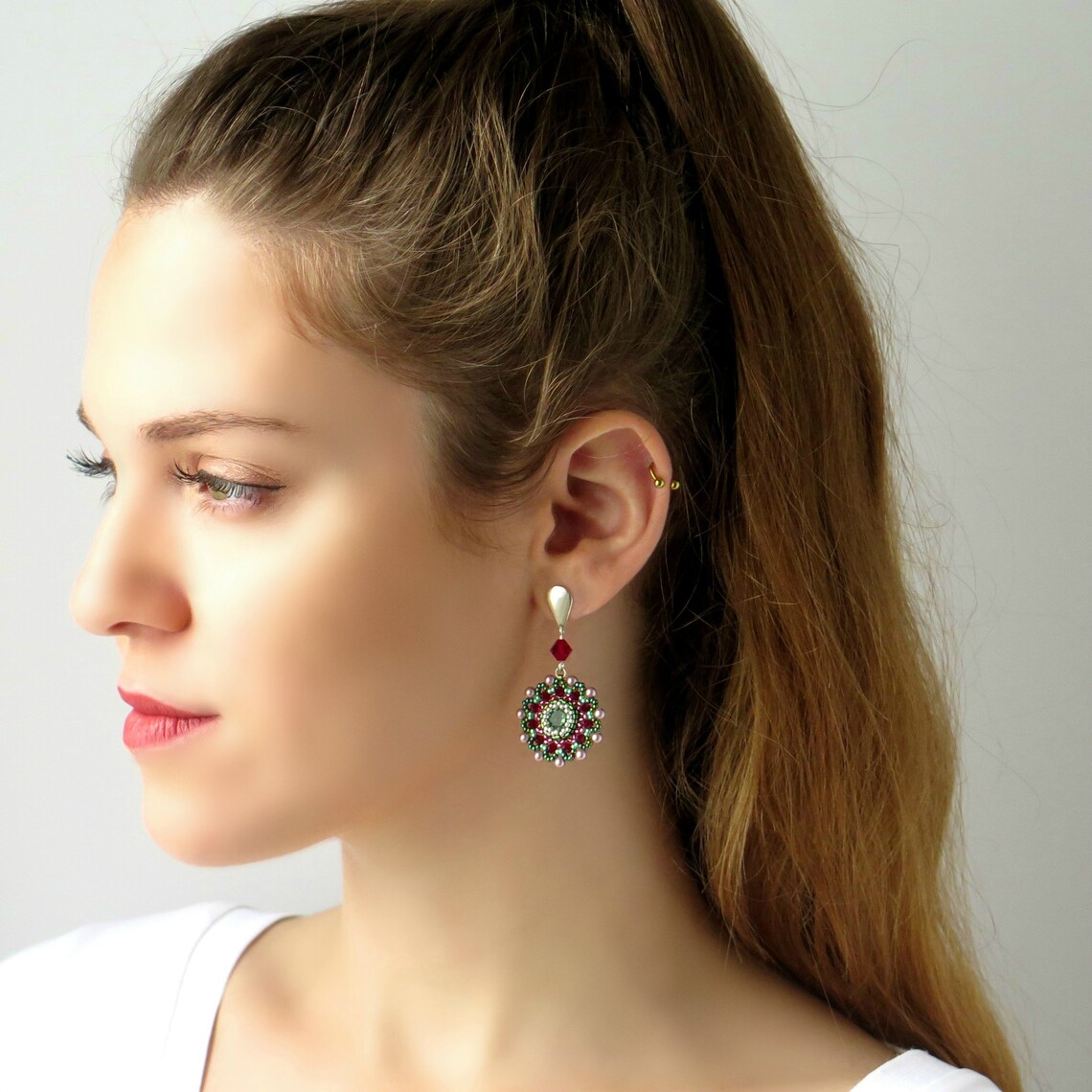 Green and red hand beaded Jewelry set Swarovski crystal | Etsy