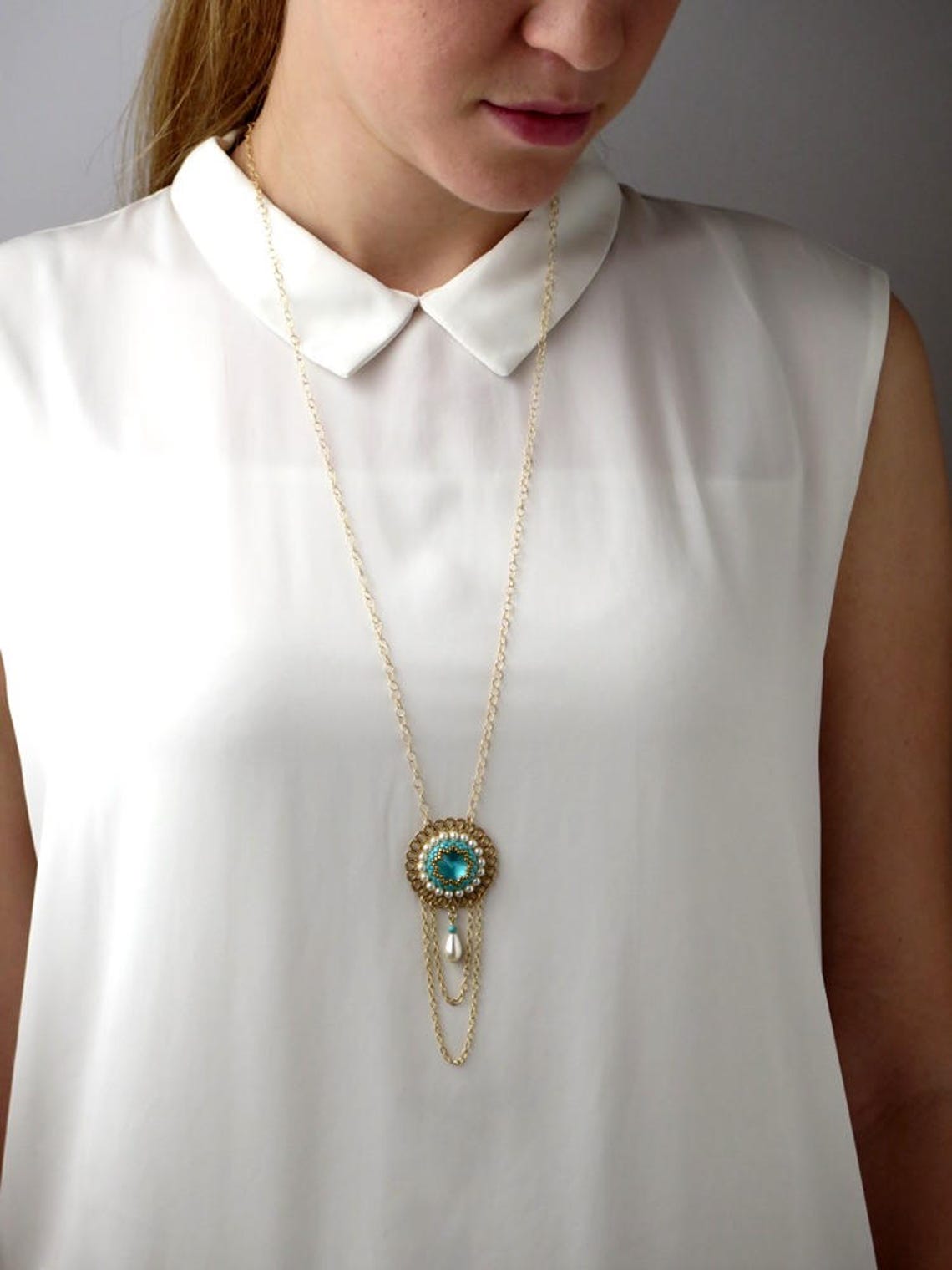 Turquoise gold necklace Long pendant necklace Long chain | Etsy