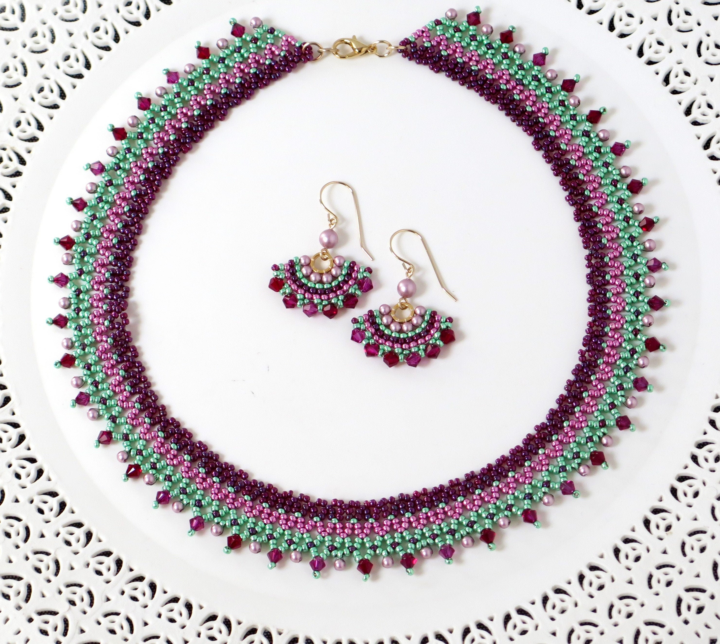 Beaded Jewelry Sets, Pink & Green Statement Necklace, Colorful Seed ...