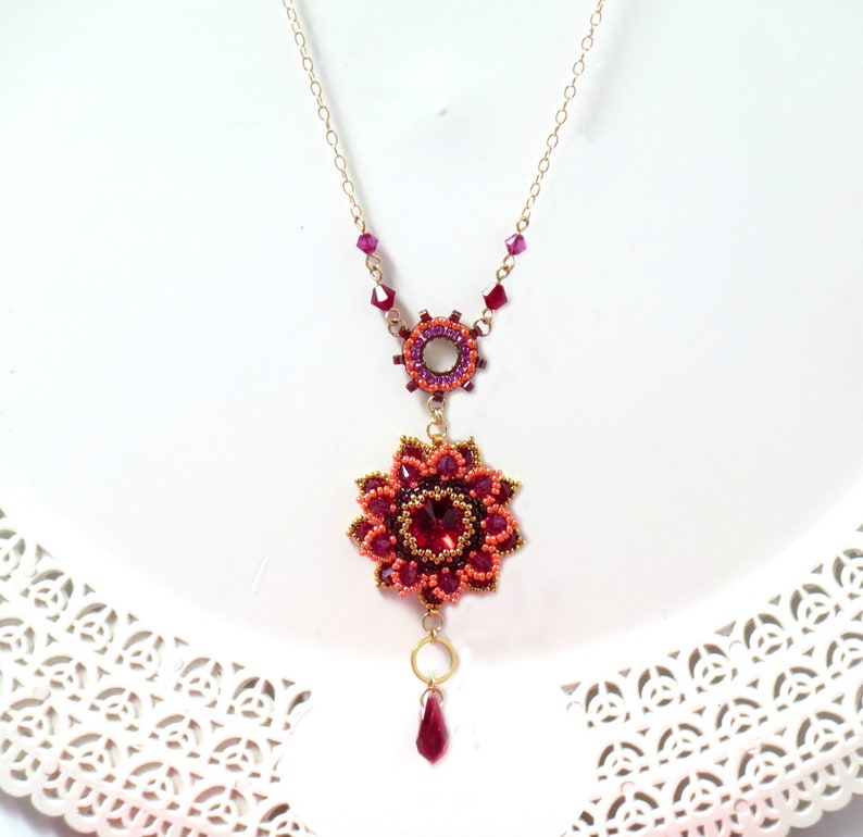Long red necklace for women Statement red flower necklace | Etsy