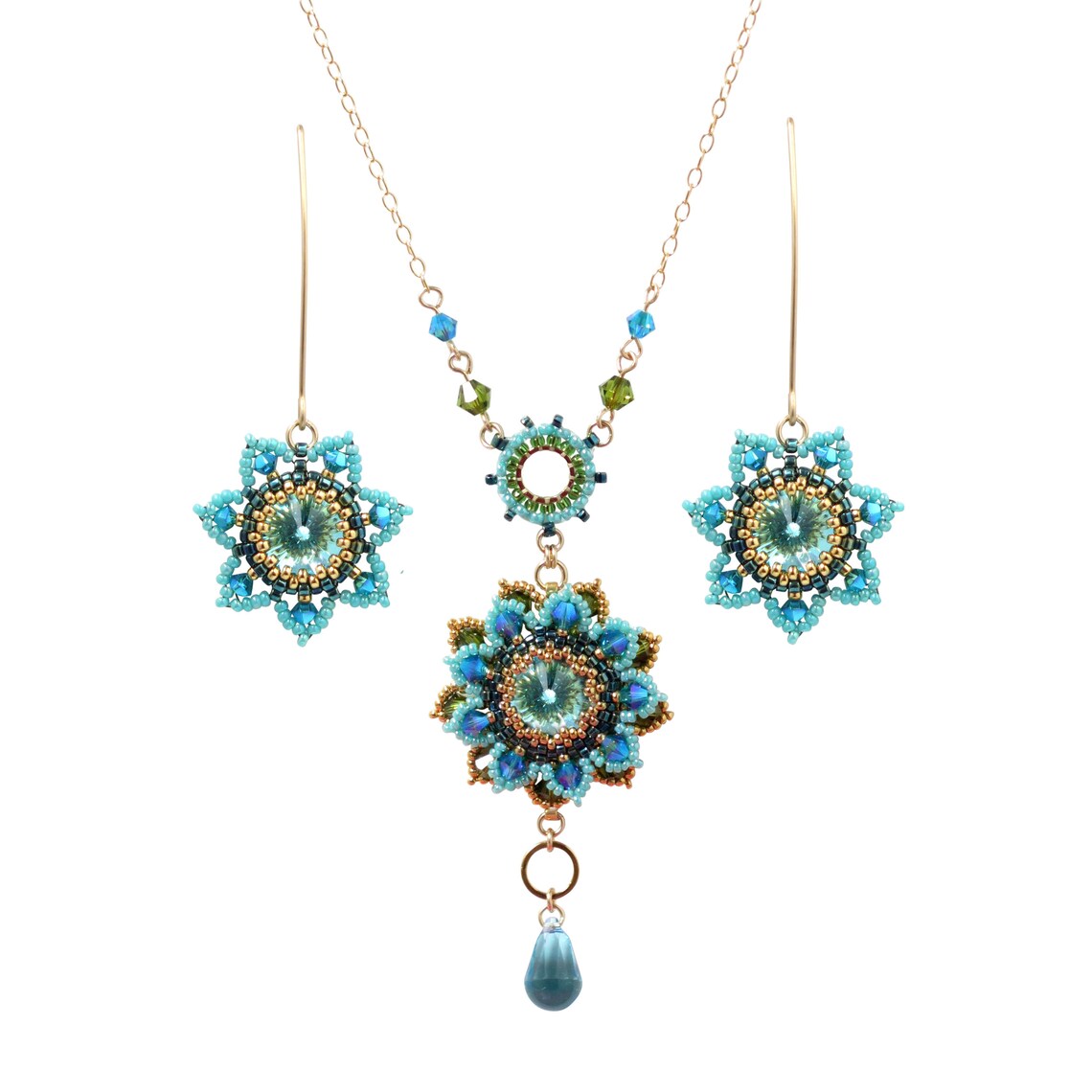 Flower Pendant Necklace Long Turquoise and Gold Necklace - Etsy UK