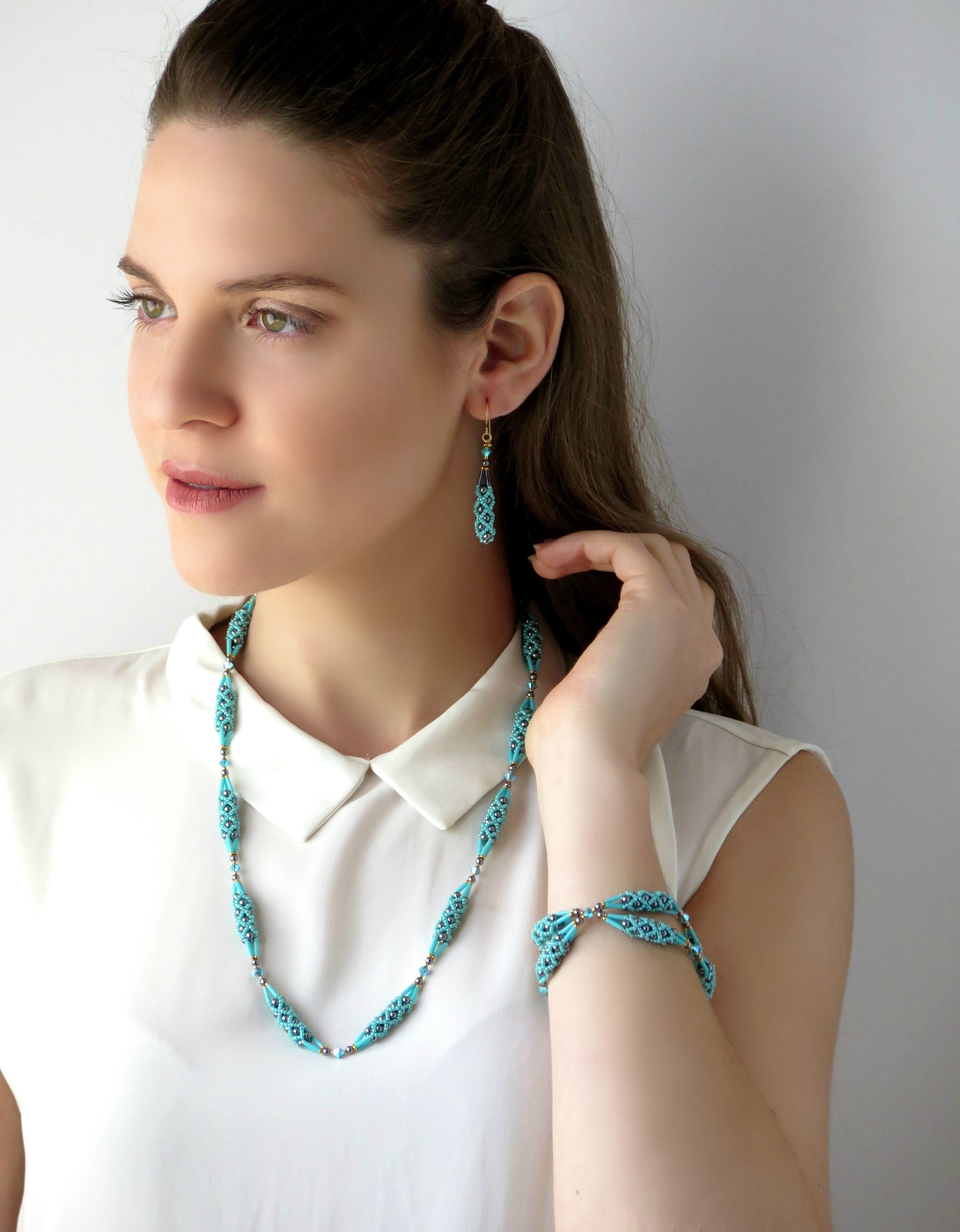 Beaded Jewelry Sets ,statement Necklace and Earrings, Turquoise Blue ...