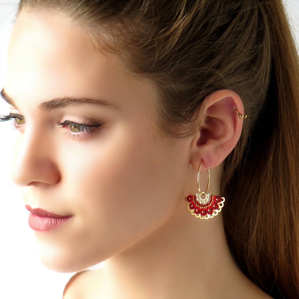 Red and Gold Beaded Hoop Earrings Fashion Hoop Earring for | Etsy