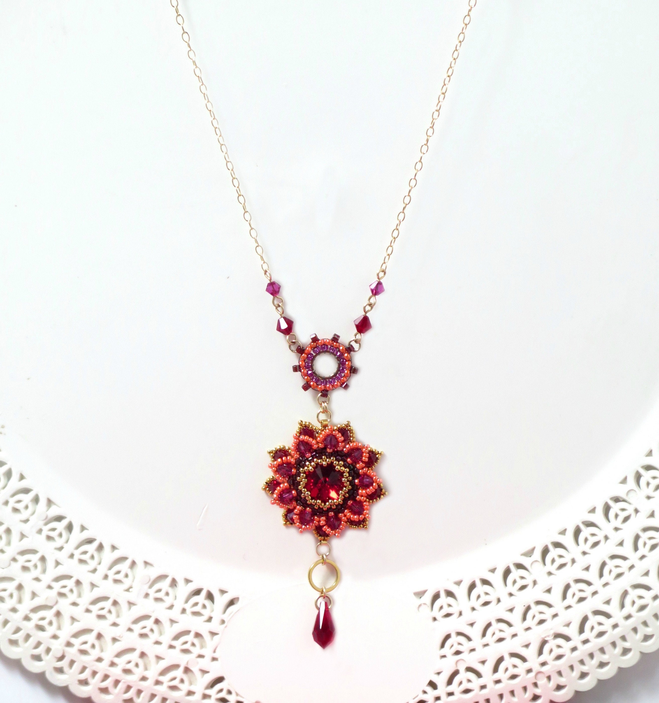 Long Red Flower Necklace Pendant Necklace Gold Swarovski - Etsy