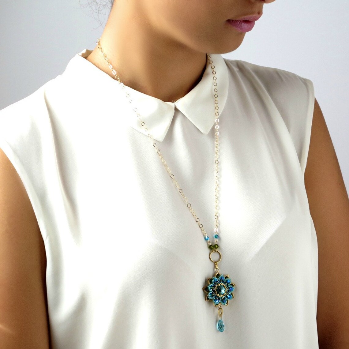 Flower Pendant Necklace Long Turquoise and Gold Necklace - Etsy UK