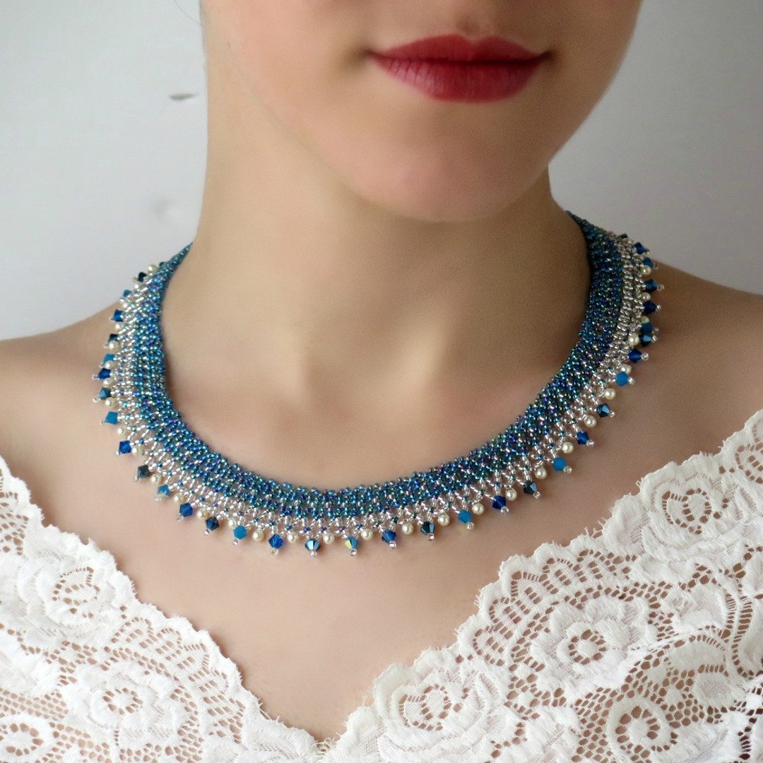 Blue Statement Necklace, Blue Wedding Jewelry, Pearl and Crystal ...