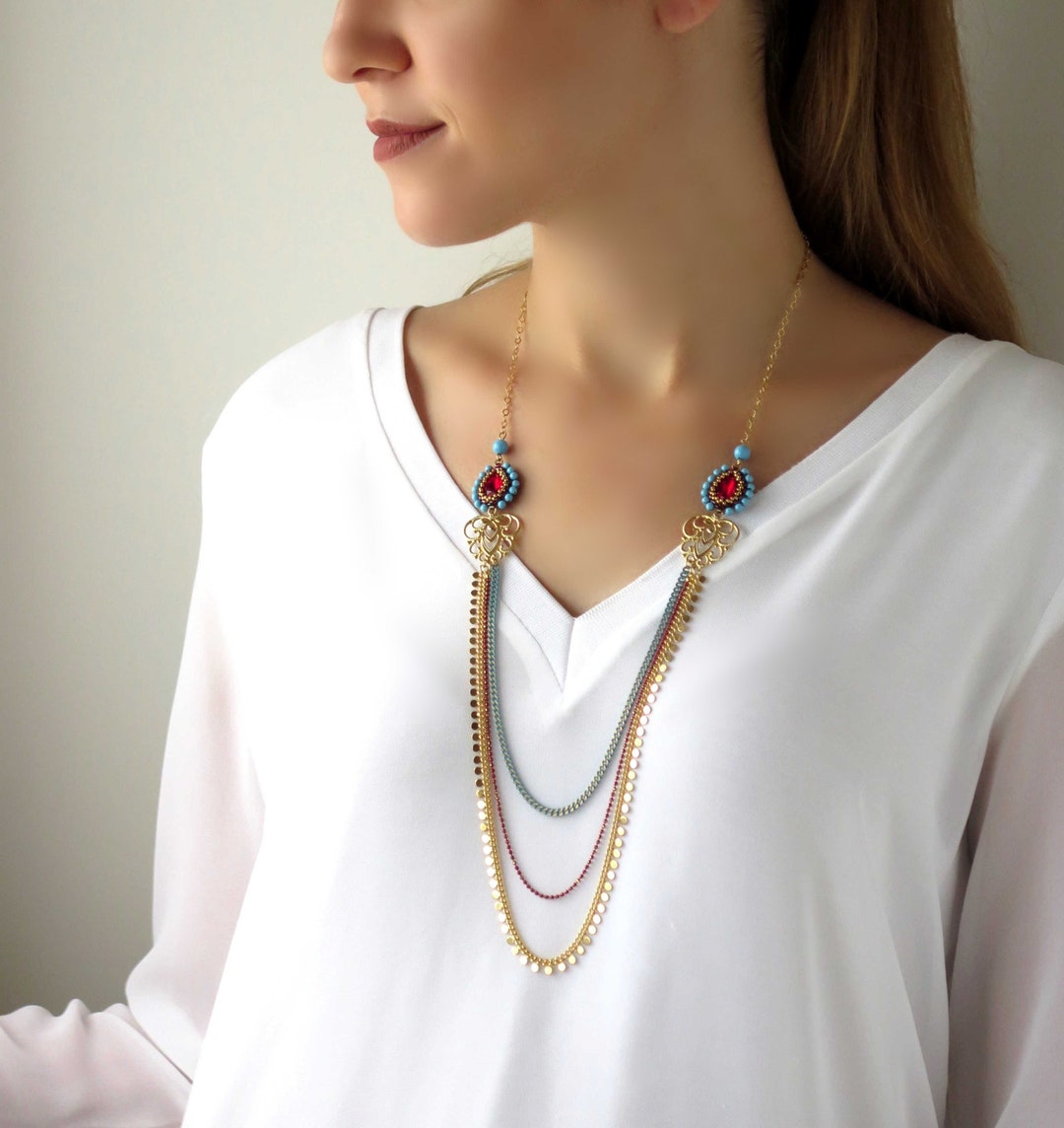 Multilayered Necklace With Blue & Red Swarovski Crystal and Pearls ...