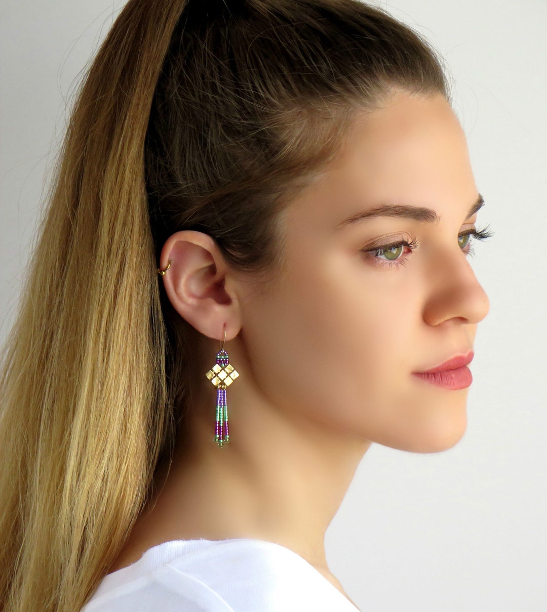 Long Earrings for Women, Gold Geometric Earrings, Beaded Fringe ...