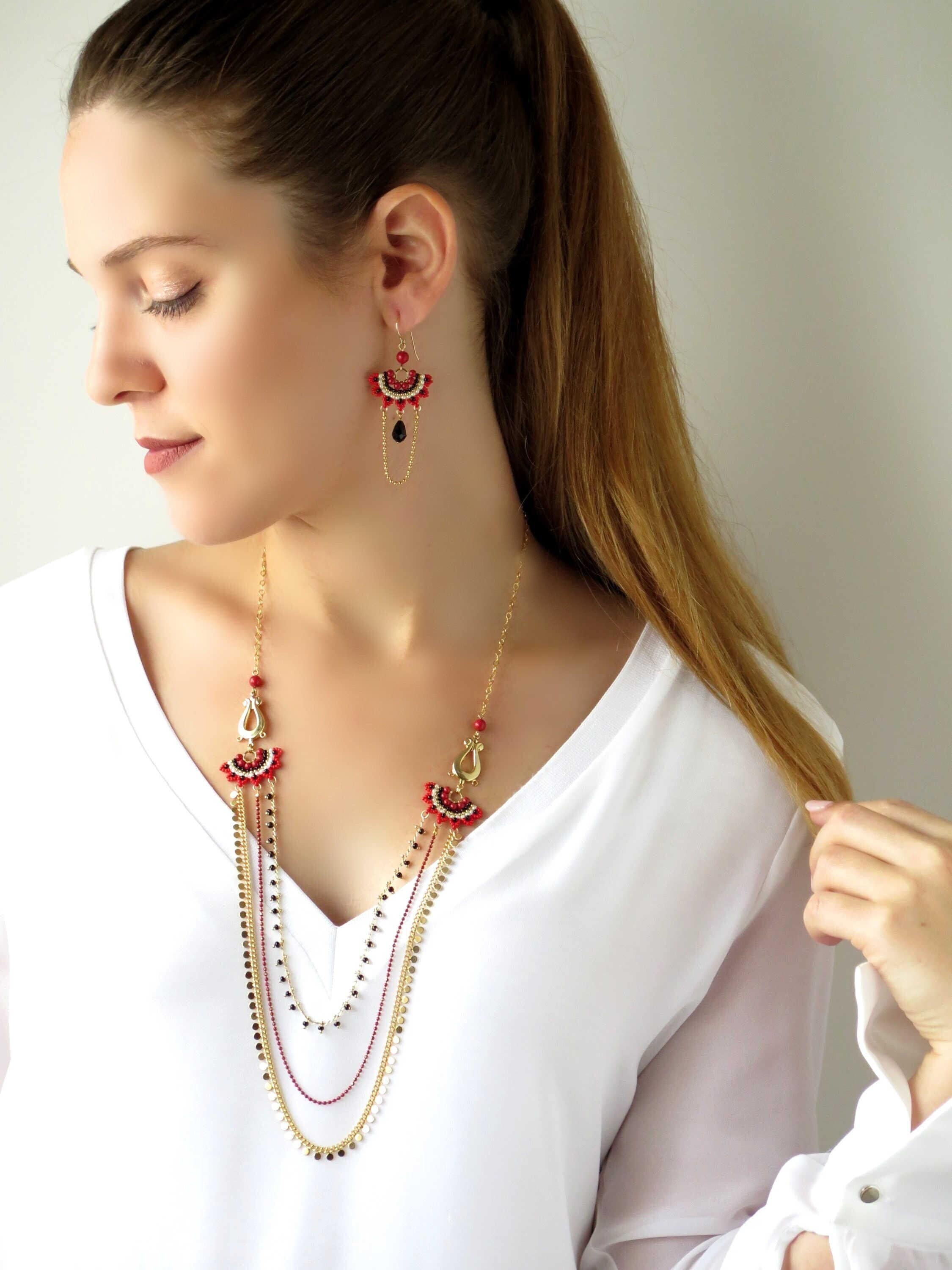 Long Layered Beaded Necklace Statement Layer Necklace - Etsy