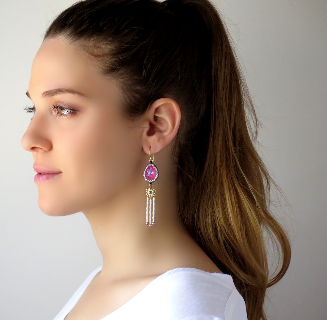 Pink Drop Earrings, Swarovski Teardrop Earrings, Statement Earrings ...