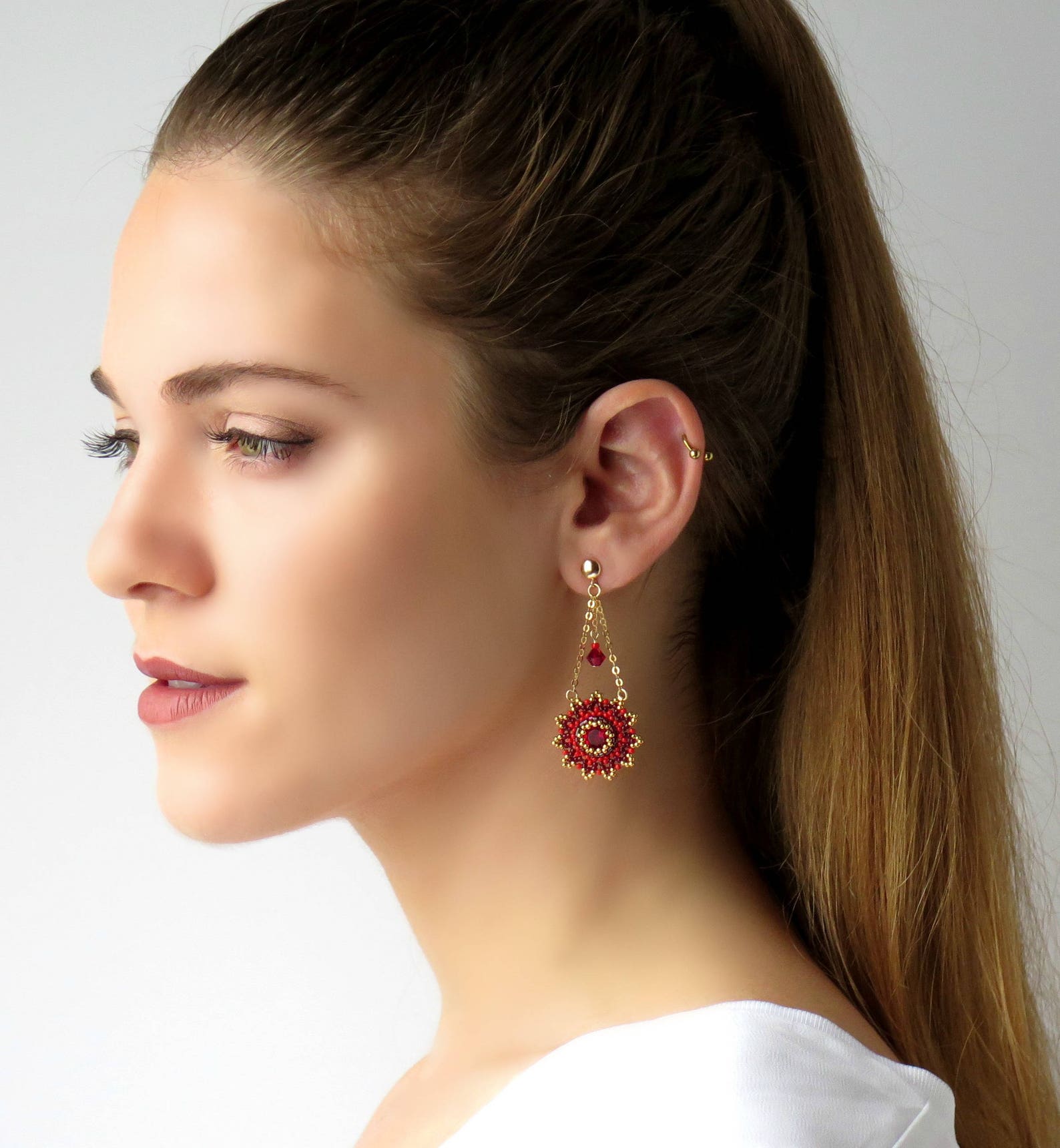 Red Dangle Bead Earrings Swarovski Crystal Earrings Fashion - Etsy