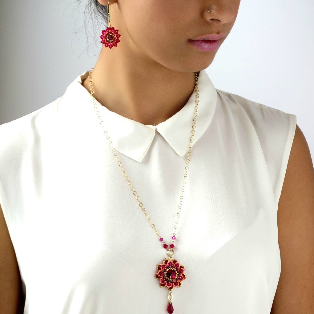 Long Red Flower Necklace Pendant Necklace Gold Swarovski - Etsy