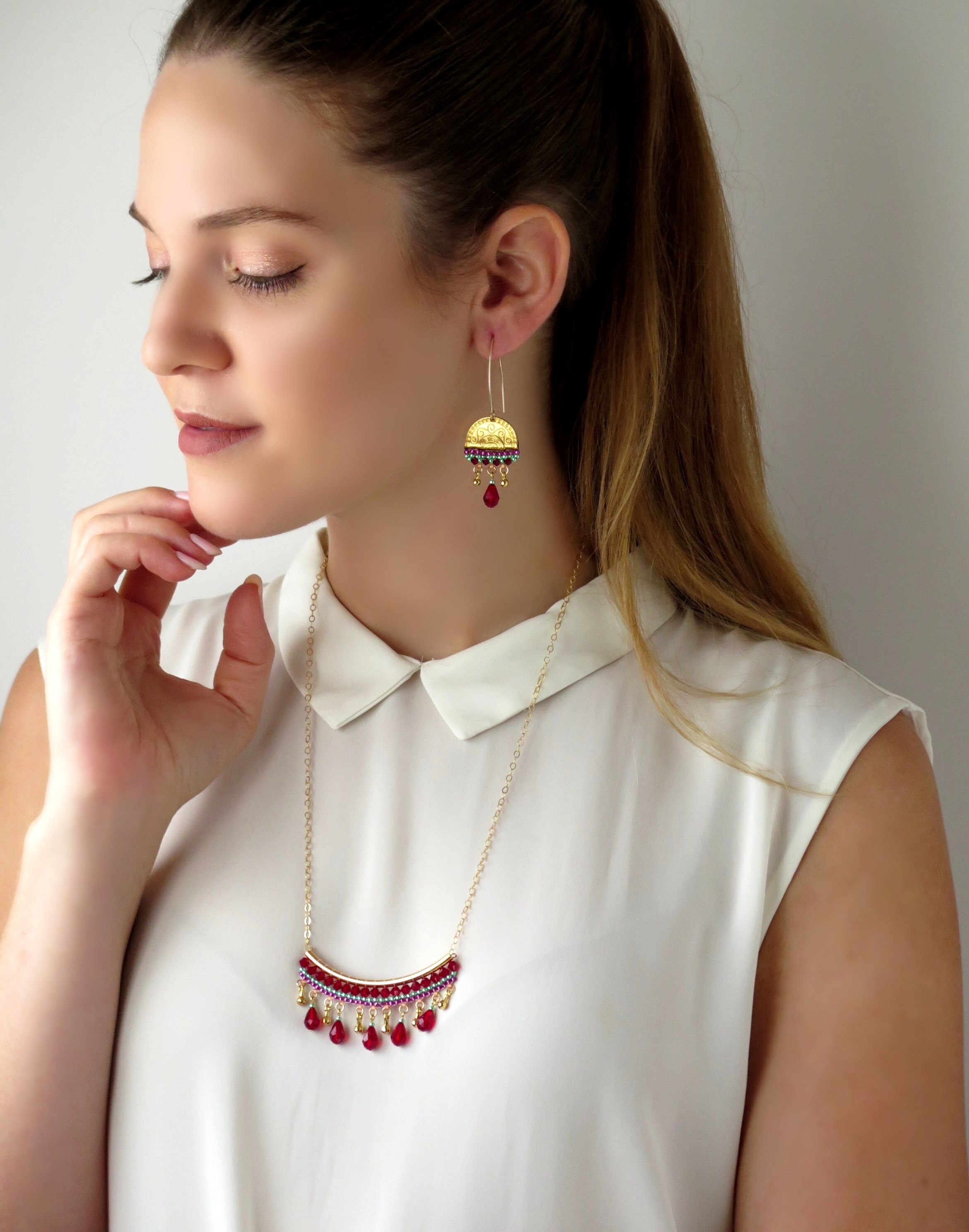 Red and Gold Jewelry Set Boho Necklace and Earring Set - Etsy