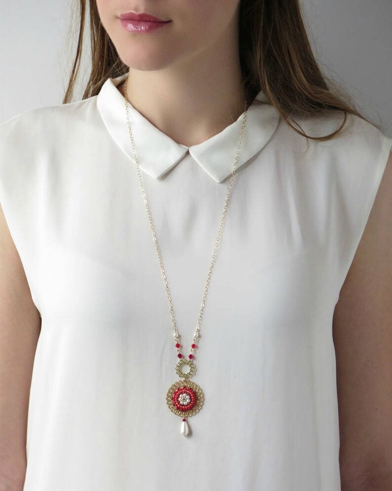 Long Red Pendant Necklace Statement Round Necklace Gold - Etsy