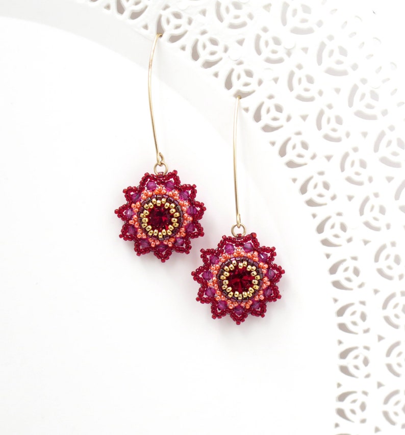 Red Flower Earring Long Swarovski Crystal Beaded Earring - Etsy