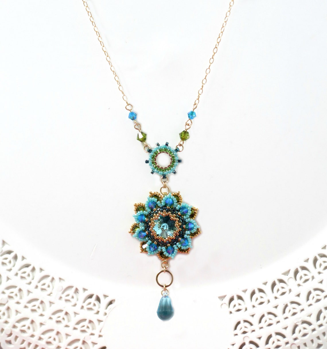 Flower Pendant Necklace Long Turquoise and Gold Necklace - Etsy UK
