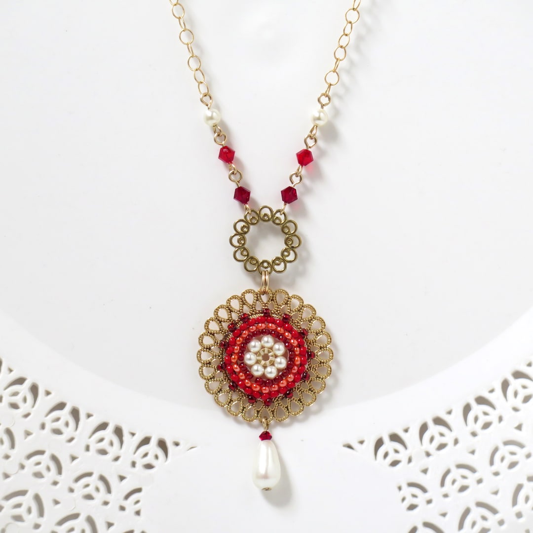 Long Red Pendant Necklace Statement Round Necklace Gold - Etsy