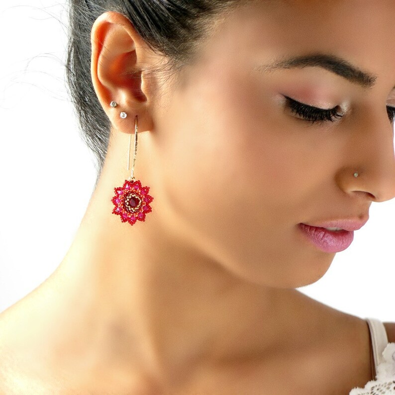 Red flower earring Long swarovski crystal beaded earring | Etsy