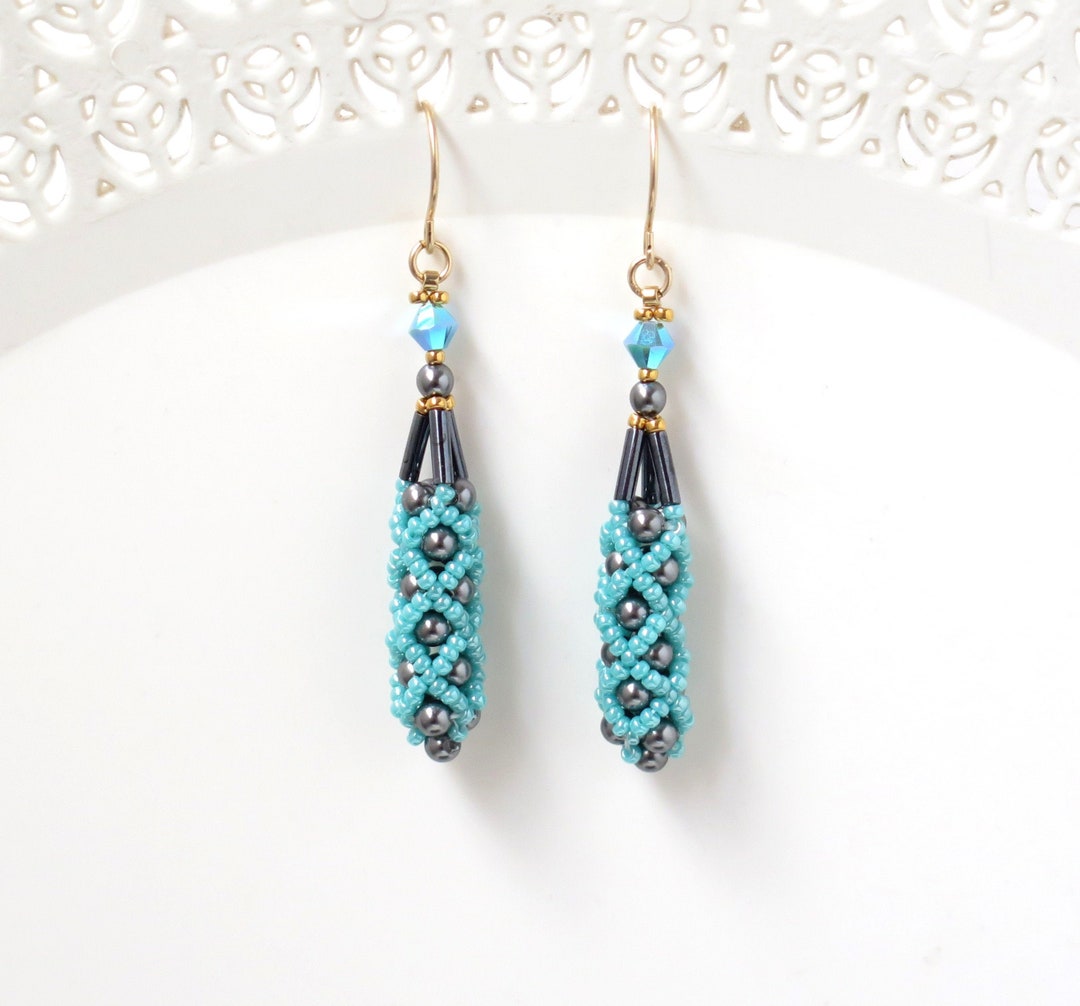 Delicate Turquoise Beaded Earrings, Gray Pearl and Seed Bead Handmade ...