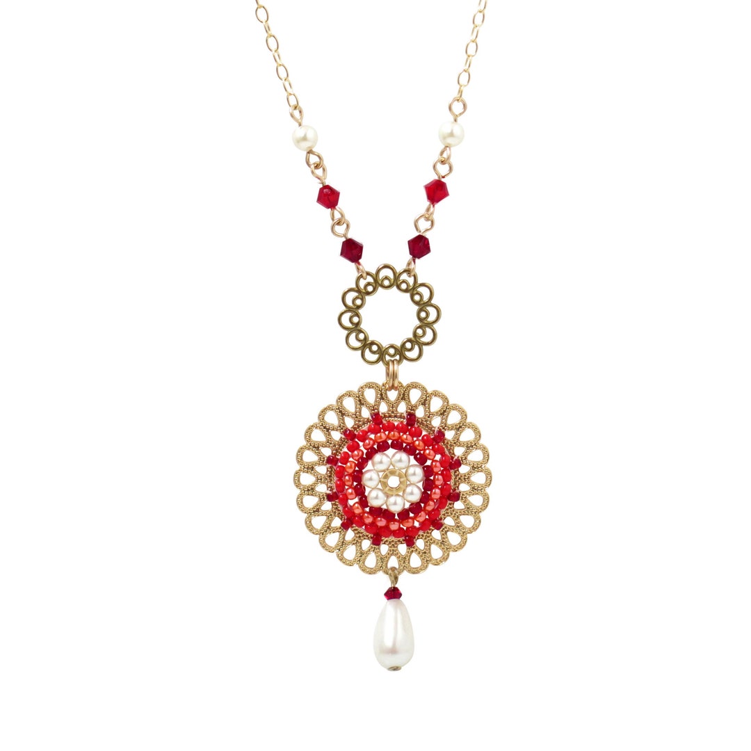 Long Red Pendant Necklace, Statement Round Necklace Gold, Funky ...