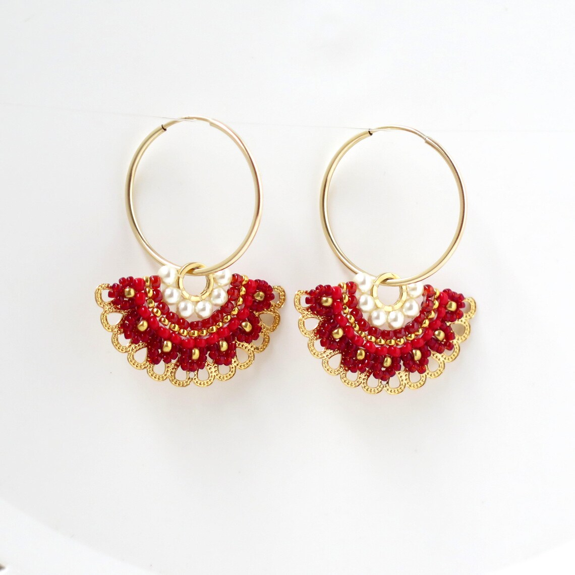 Red and Gold Beaded Hoop Earrings Fashion Hoop Earring for - Etsy
