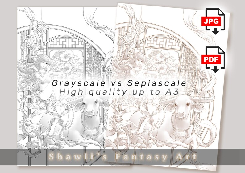 Chinese Zodiac Cow Coloring Page: Shawli's Fantasy Art (PDF, JPG) - Etsy