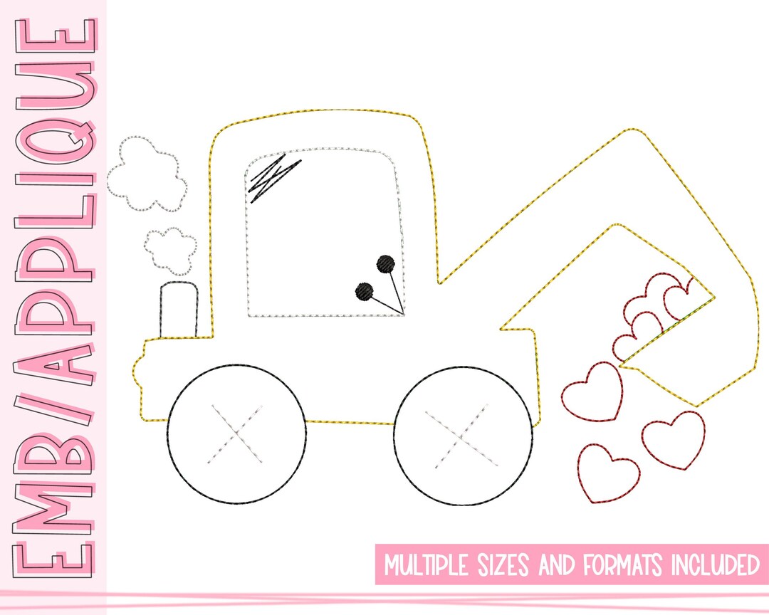 Funky Backhoe With Hearts – Triple Bean Embroidery Design - Valentine's ...