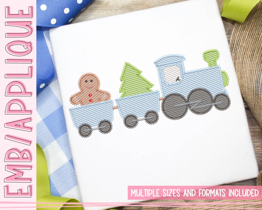 Christmas Train Sketch Embroidery Design: Gingerbread Man & Tree ...