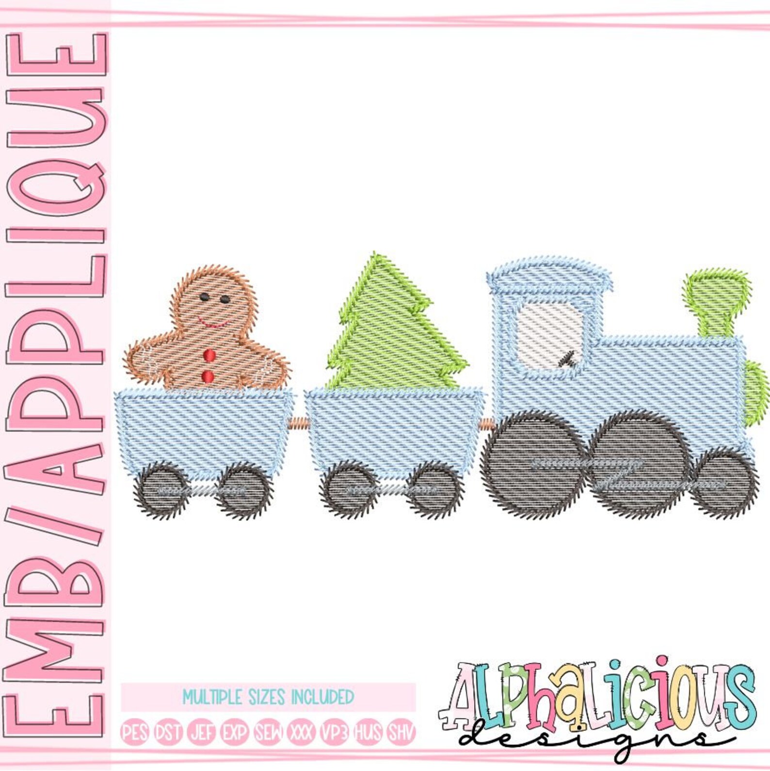 Christmas Train Sketch Embroidery Design: Gingerbread Man & Tree ...