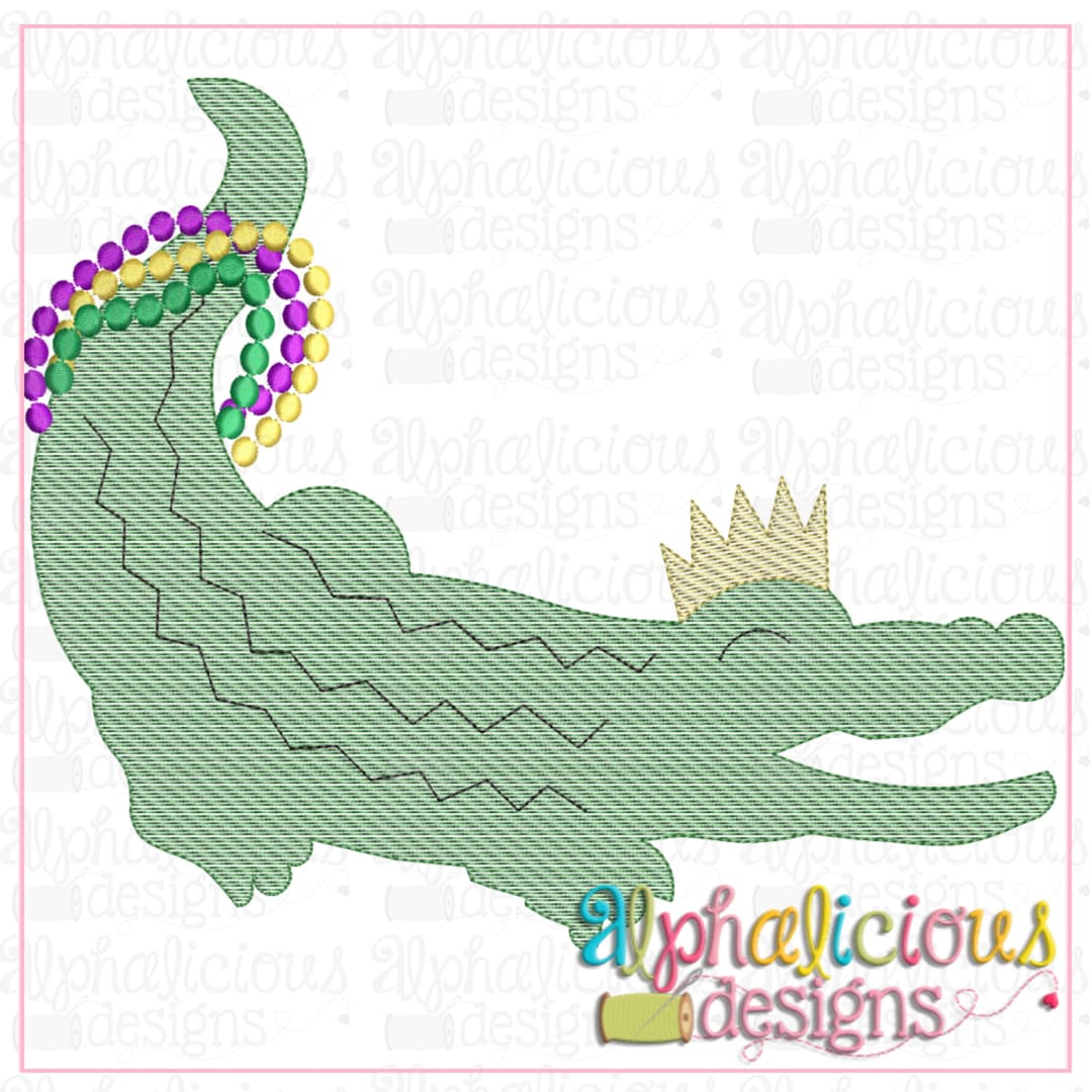 Mardi Gras Gator Embroidery Design: Crown and Beads Sketch (instant ...