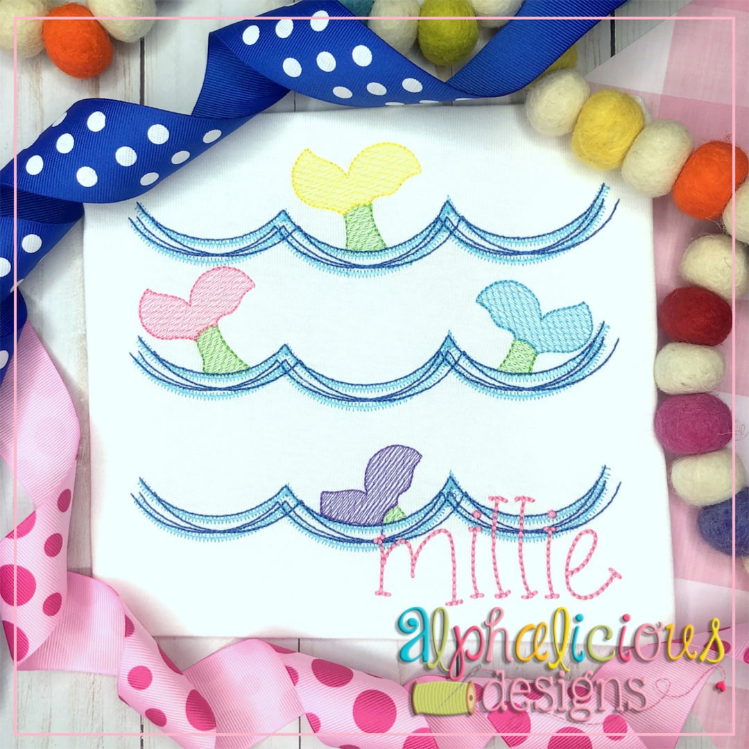 Mermaid Fins in Waves - Sketch - Embroidery Design - Instant Download ...