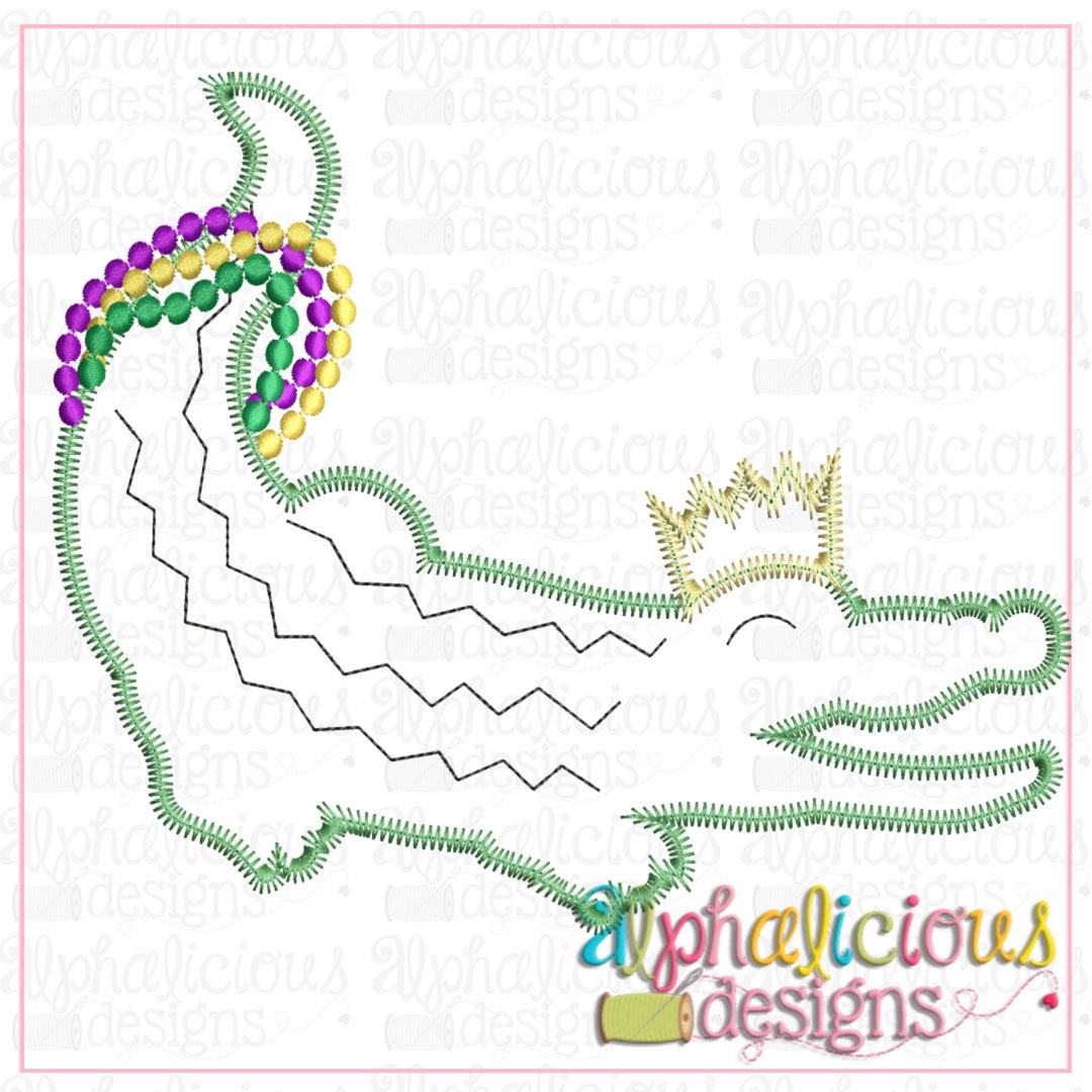 Gator With Crown and Beads Zigzag Applique Design Mardi Gras Applique ...