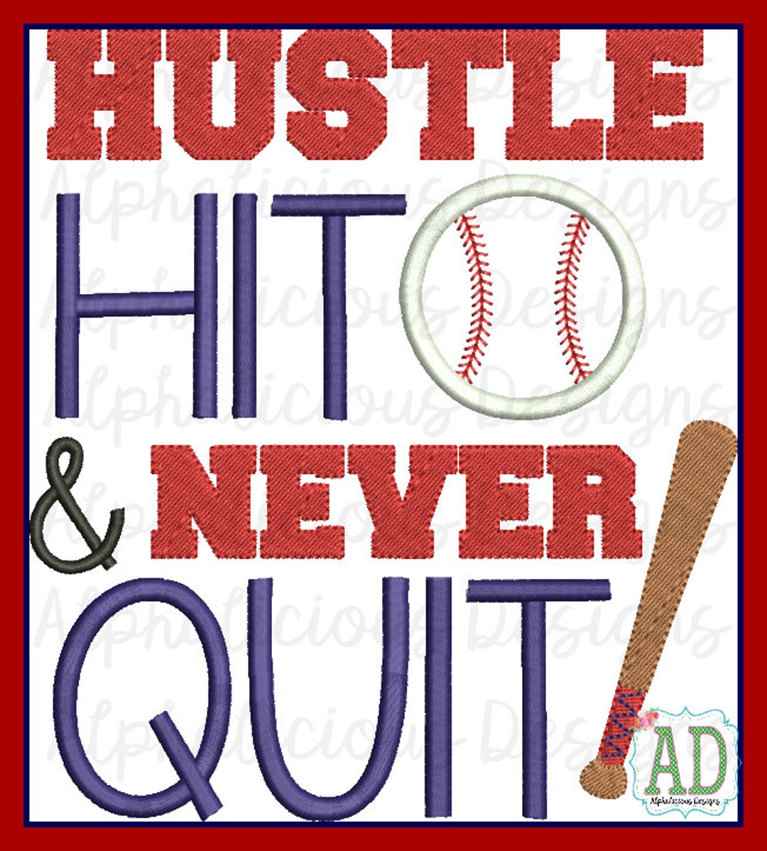 Baseball Word Art Embroidery Design: Hustle Hit Never Quit (digital ...