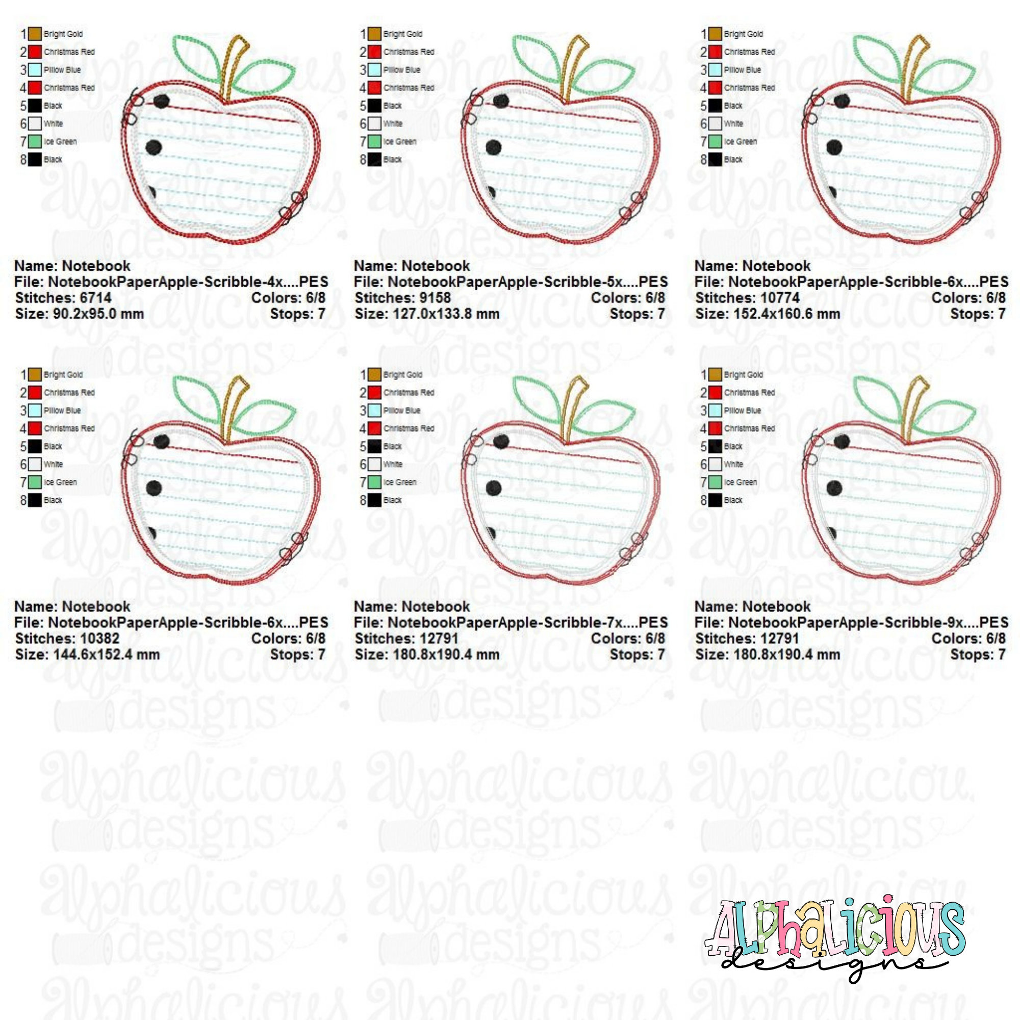 Notebook Paper Apple Scribble Embroidery Design Instant | Etsy