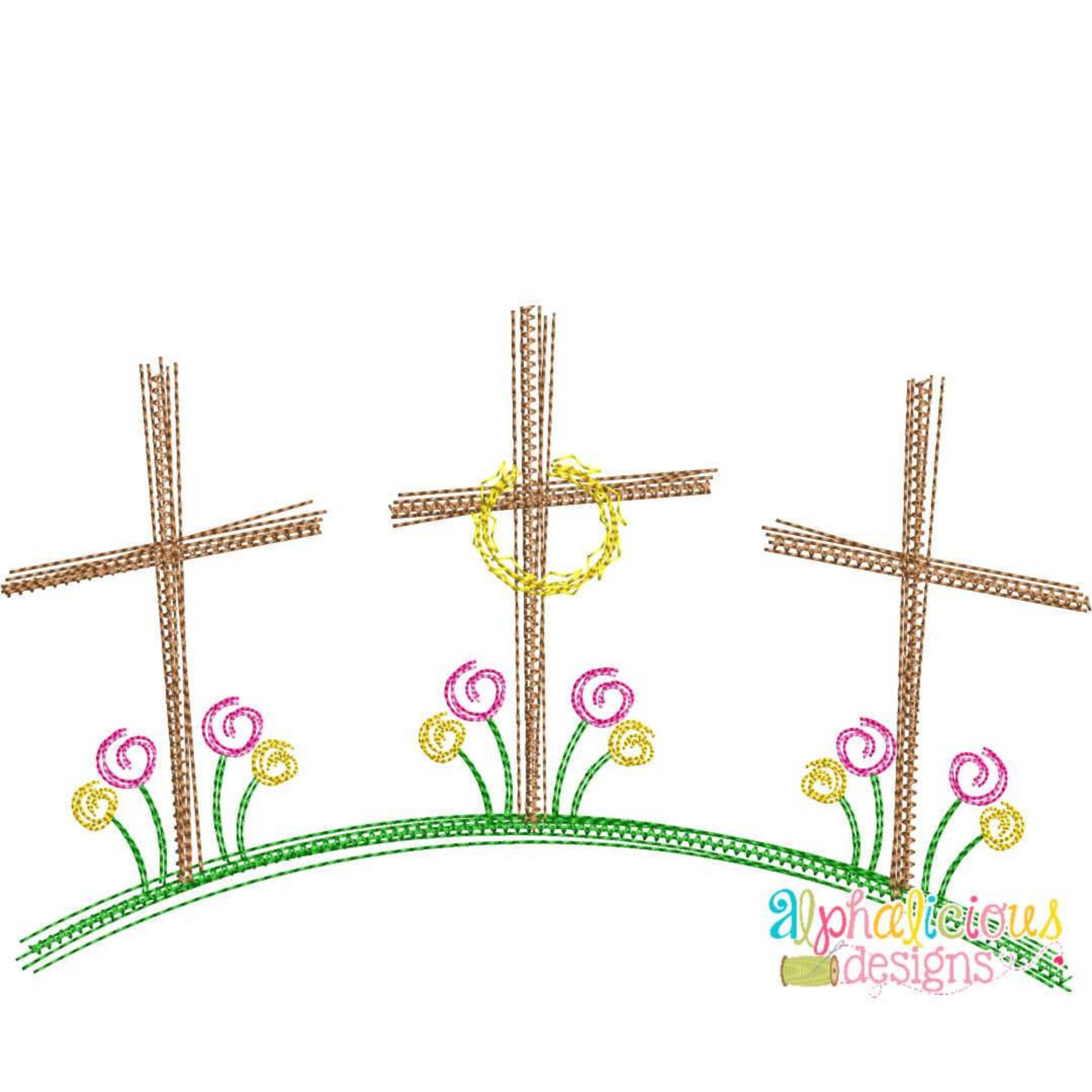 Three Crosses on a Hill With Flowers Doodle Embroidery | Etsy