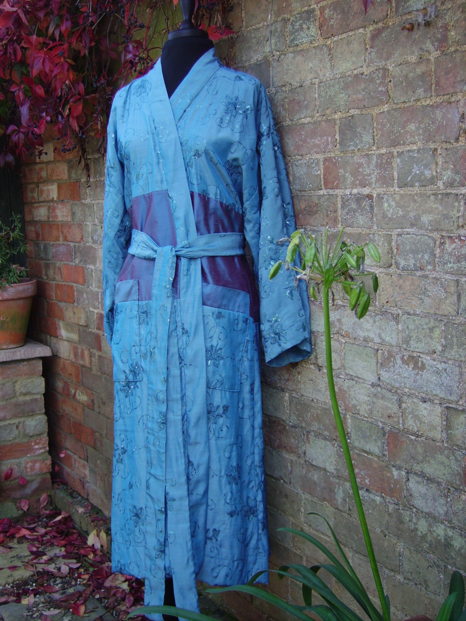 Beautiful Handmade Silk Mix Kimono With Contrast Obi Belt and Pockets ...