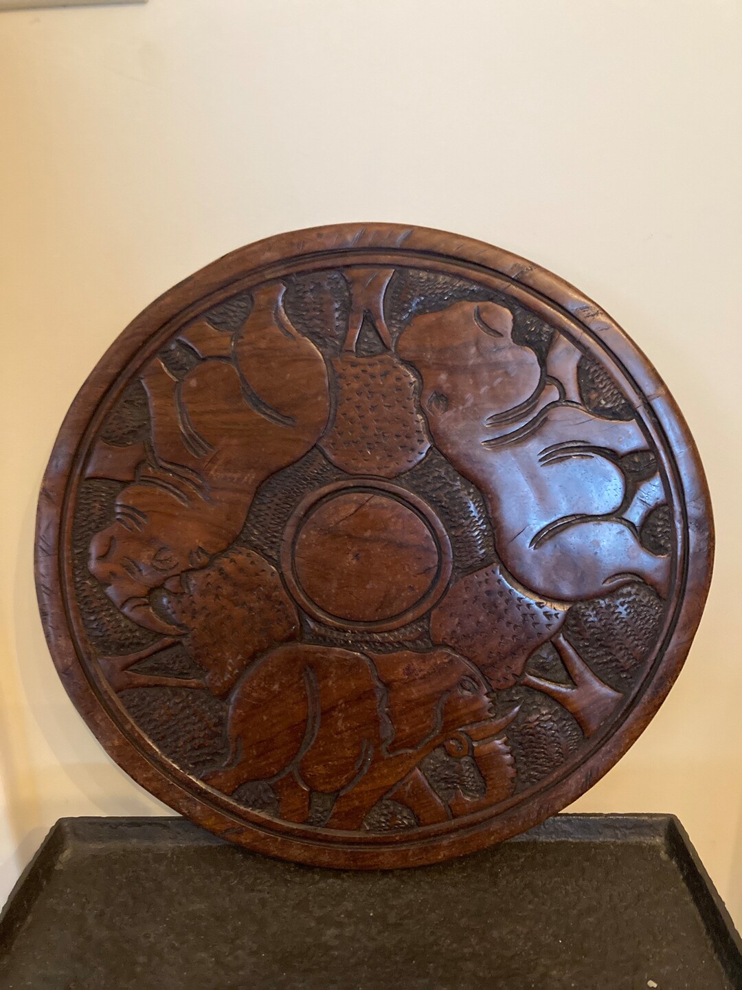 Carved Wood Round Bread Tray With Elephant, Hippo and Rhino. - Etsy