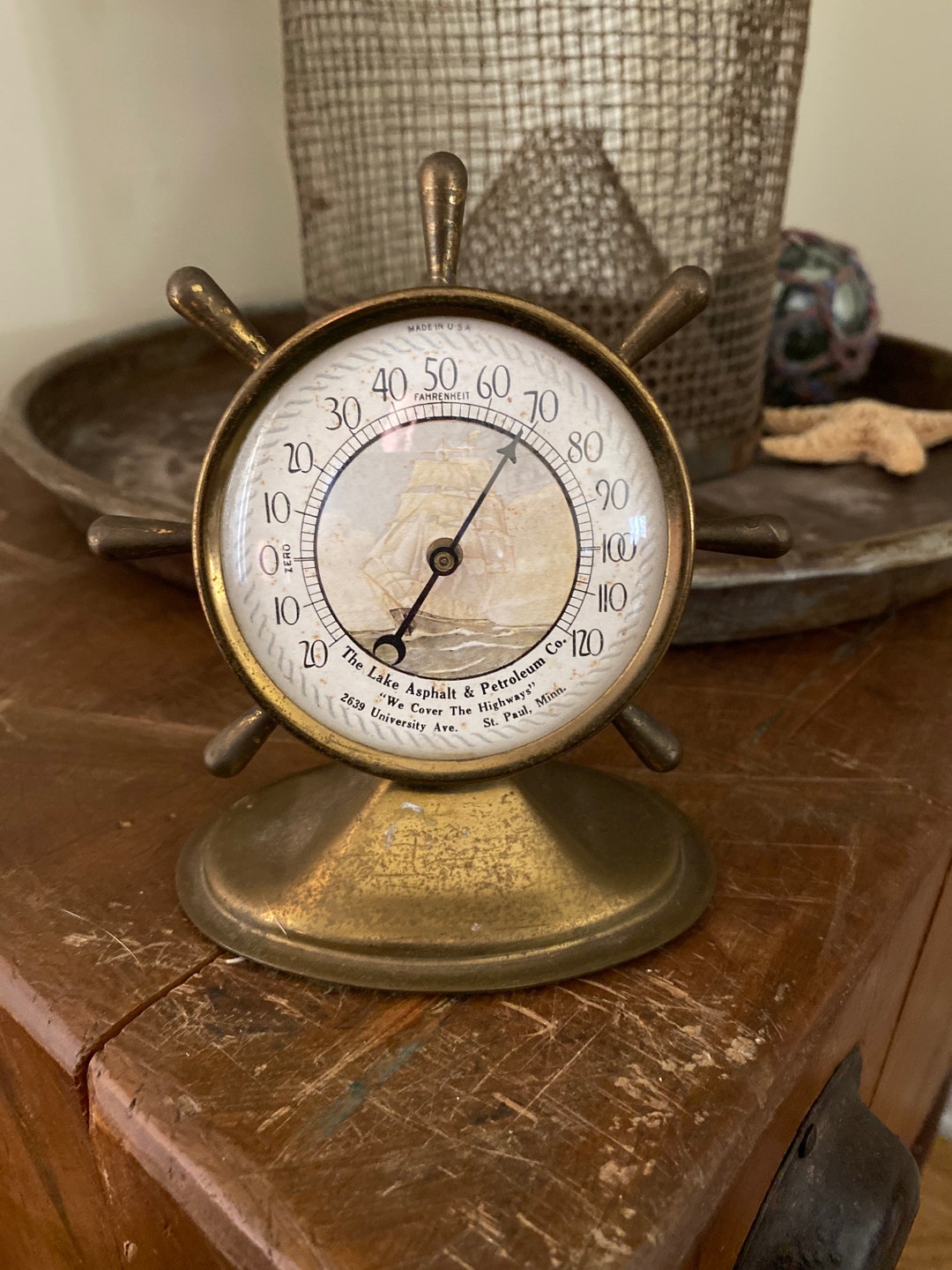Vintage Ships Wheel Brass Thermometer - Etsy