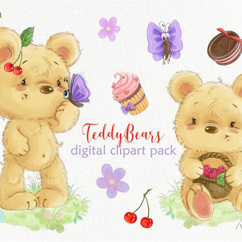 Cute Teddy Bear Clipart Watercolor Clip Art Animal Graphics | Etsy