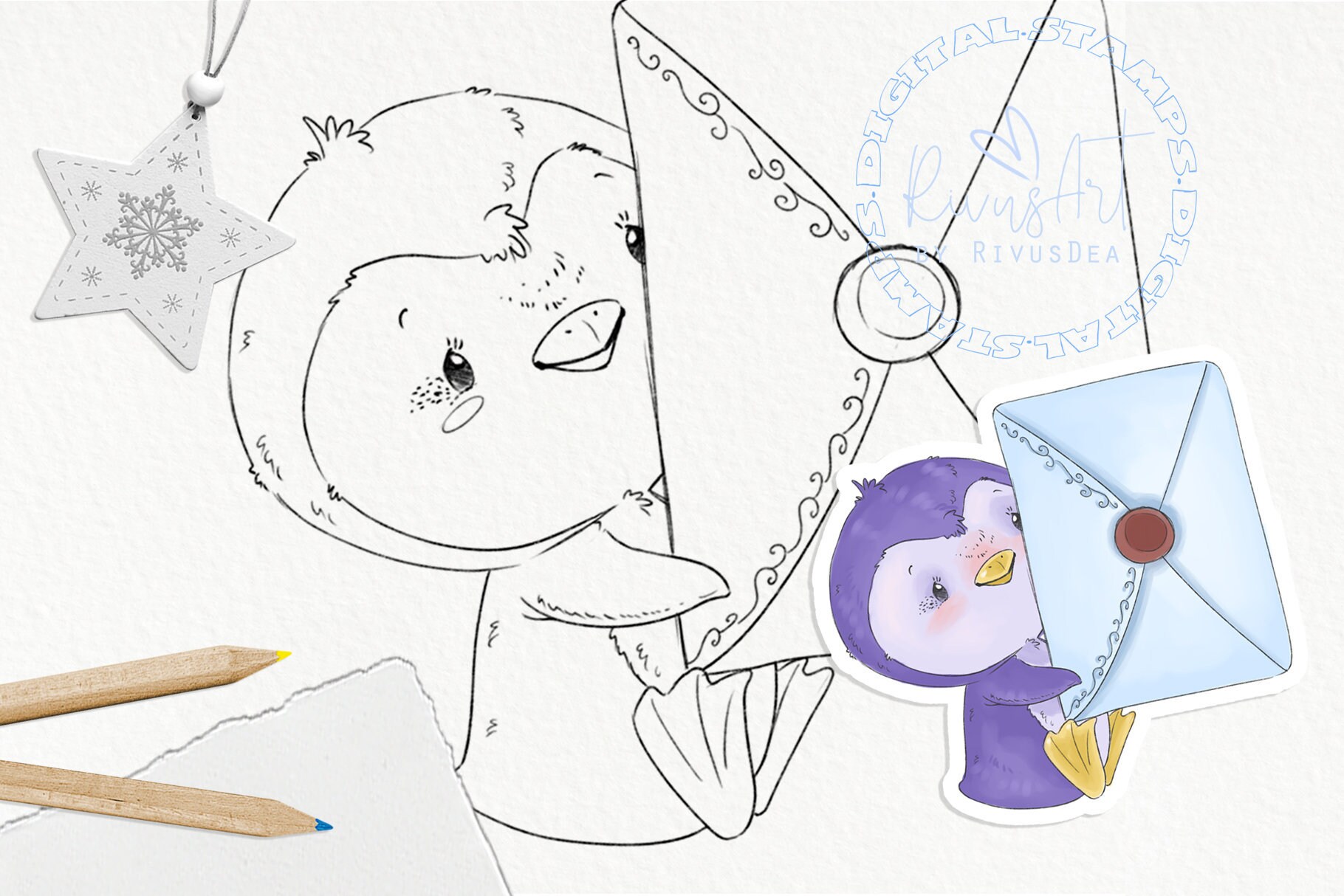 Christmas Digital stamp Cute penguin with Christmas tree. | Etsy