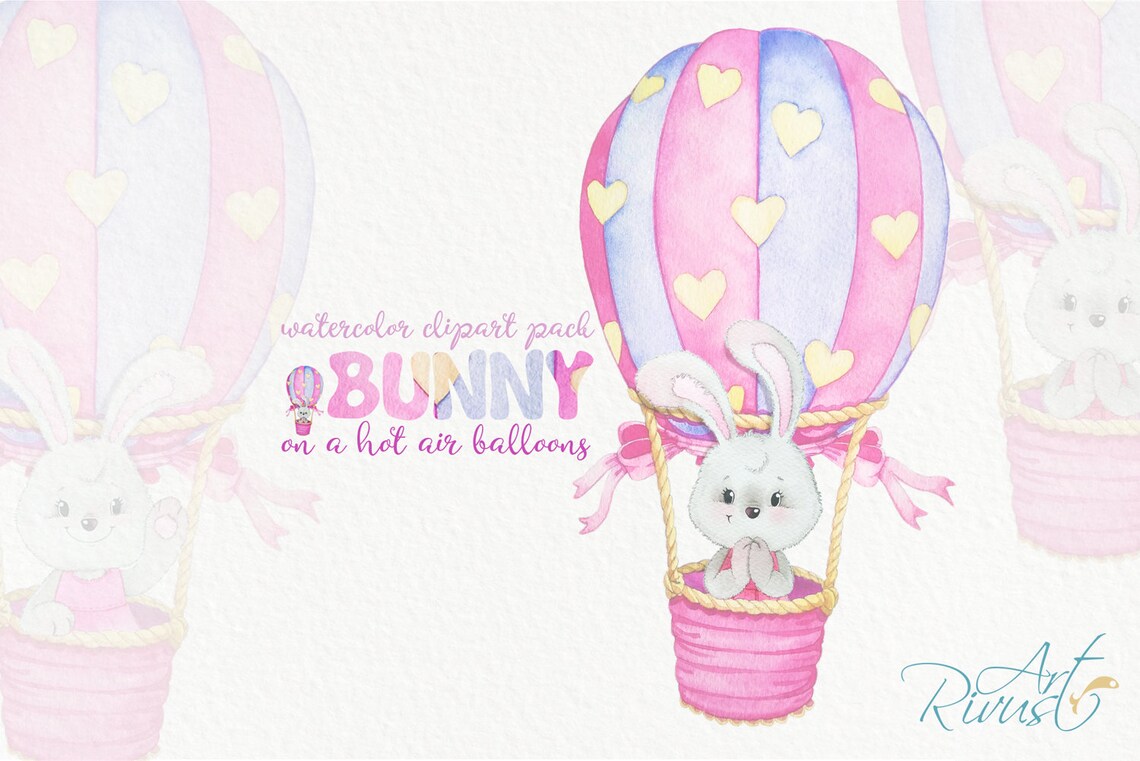 Hot Air Balloons Clipart PNG. Cute Watercolor Bunny Clip Art. | Etsy