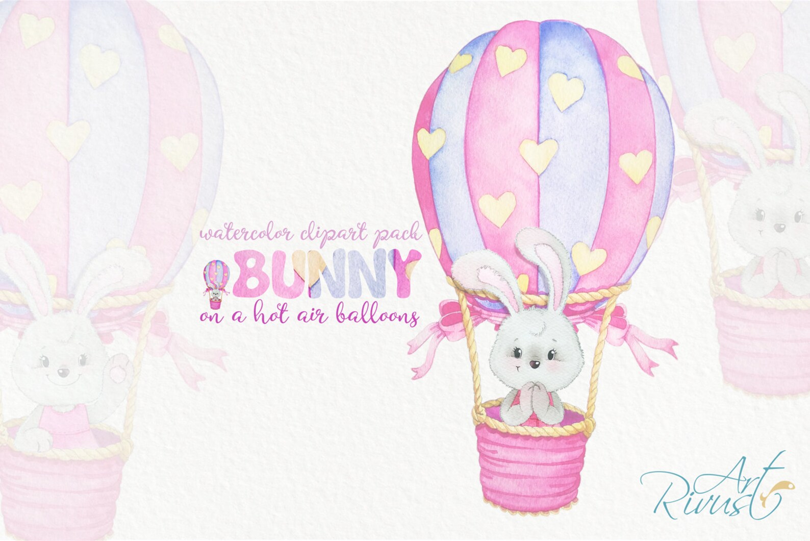 Hot Air Balloons Clipart PNG. Cute Watercolor Bunny Clip Art. | Etsy