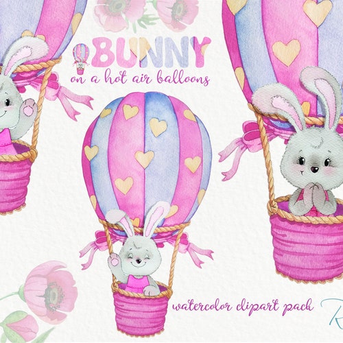 Hot Air Balloon Clipart Watercolor Nursery Animal Bunny - Etsy