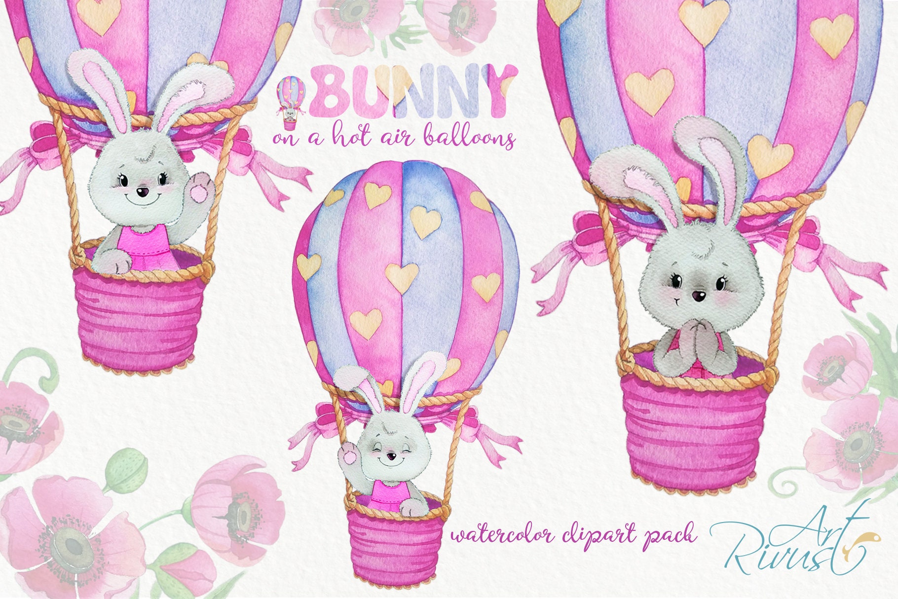 Hot Air Balloons Clipart PNG. Cute Watercolor Bunny Clip Art. | Etsy