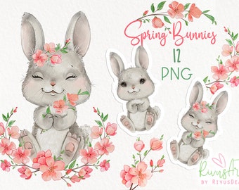 Watercolor Bunnies Clipart Animals Farm Rabbit Png Cute - Etsy