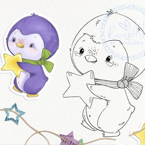 Christmas Digital Stamp Cute Penguin With Christmas Tree. | Etsy