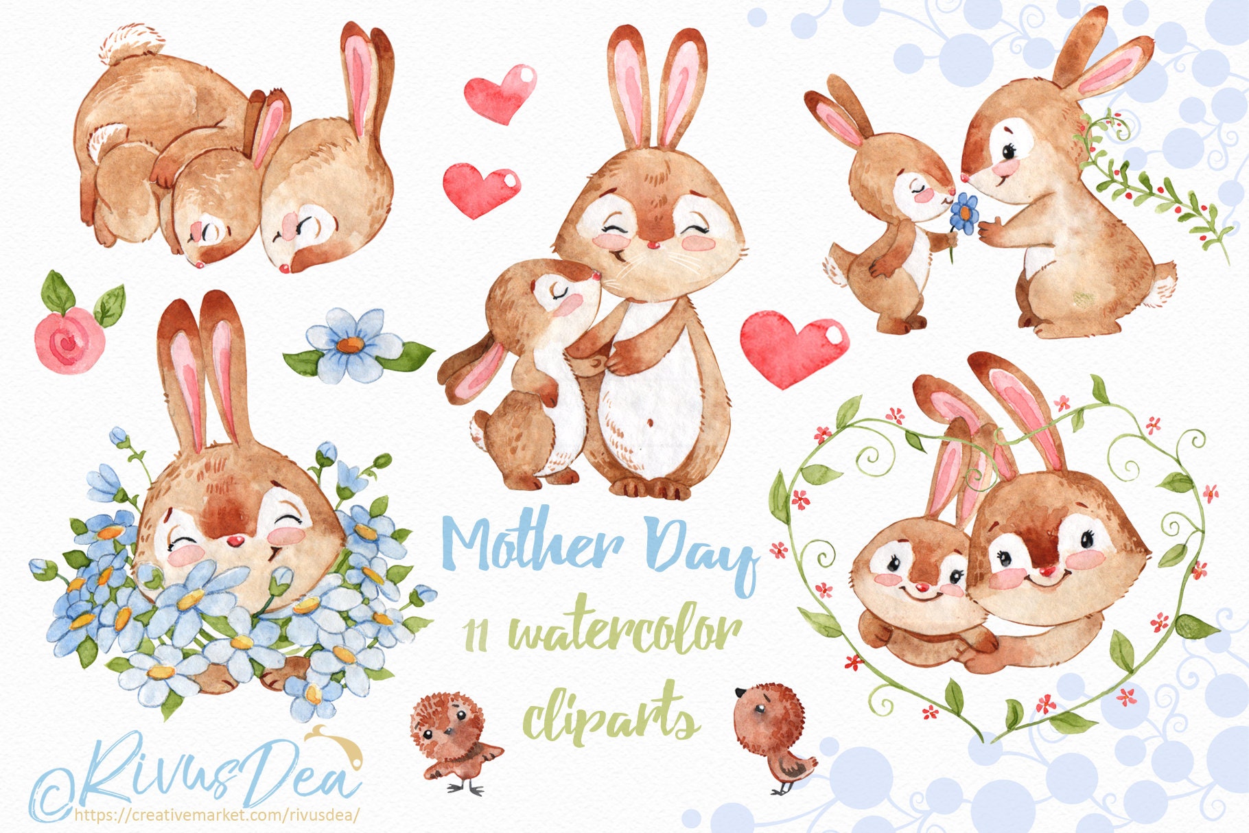 Mother's day watercolor clipart. Cute baby bunny and mom | Etsy