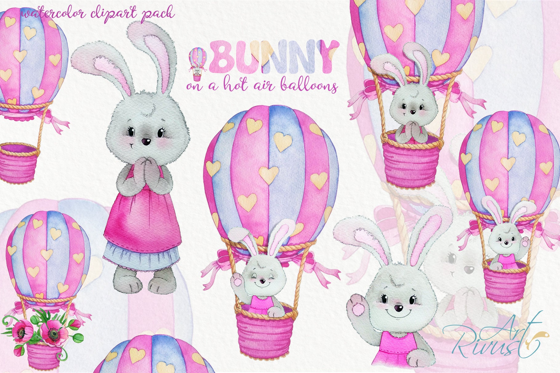 Hot Air Balloons Clipart PNG. Cute Watercolor Bunny Clip Art. | Etsy