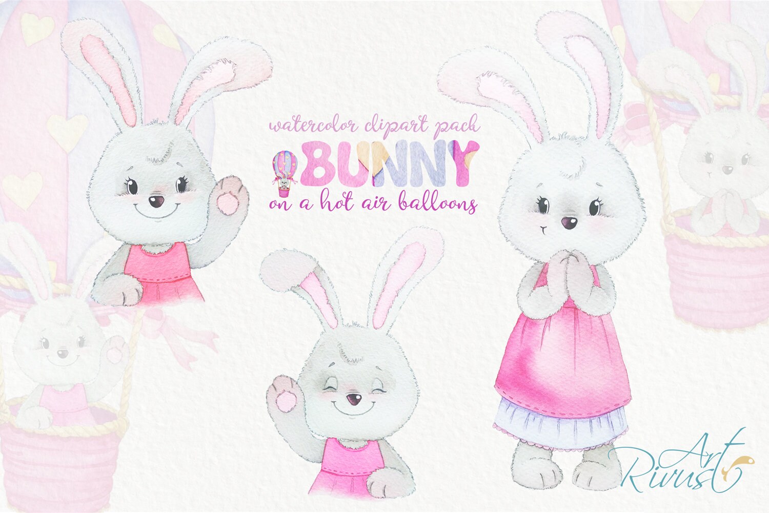 Hot Air Balloons Clipart PNG. Cute Watercolor Bunny Clip Art. | Etsy